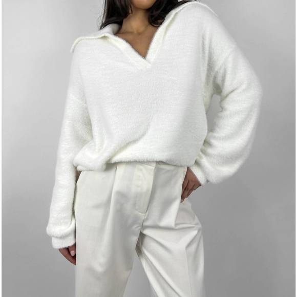 Nia | Sweaters | New Nia Plush Collared Vneck Sweater In Ivory | Poshmark